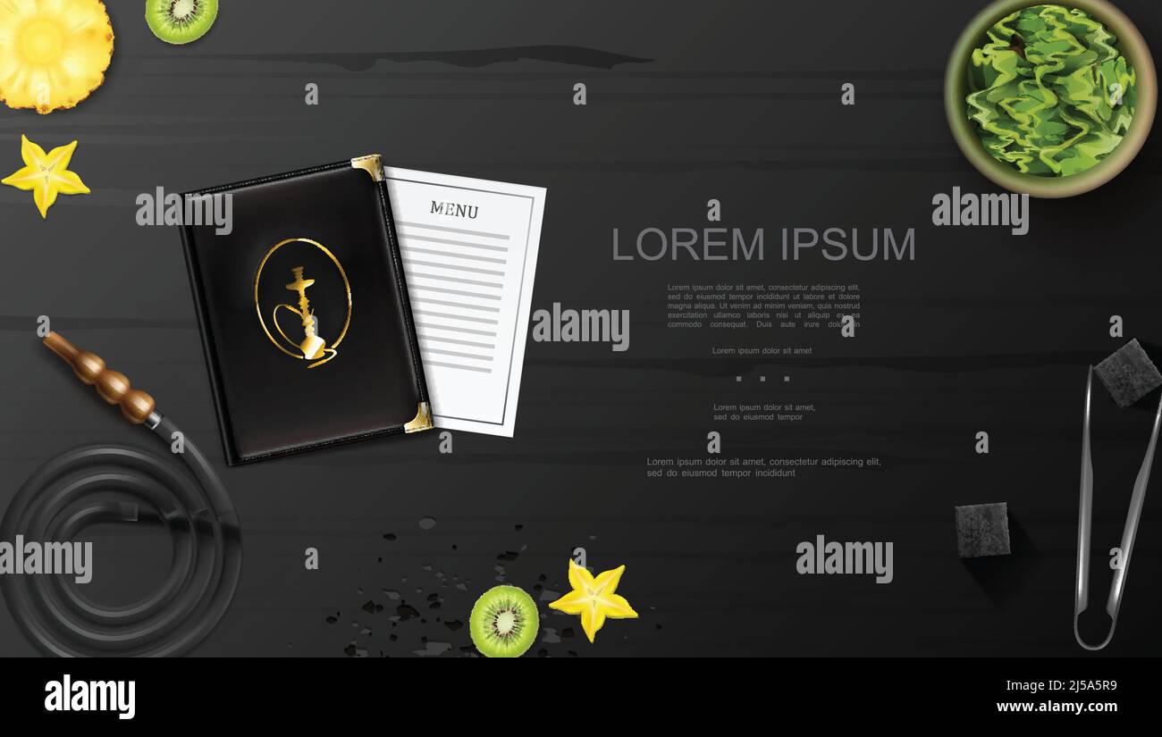 Realistic hookah lounge elements background with menu cover and card ...