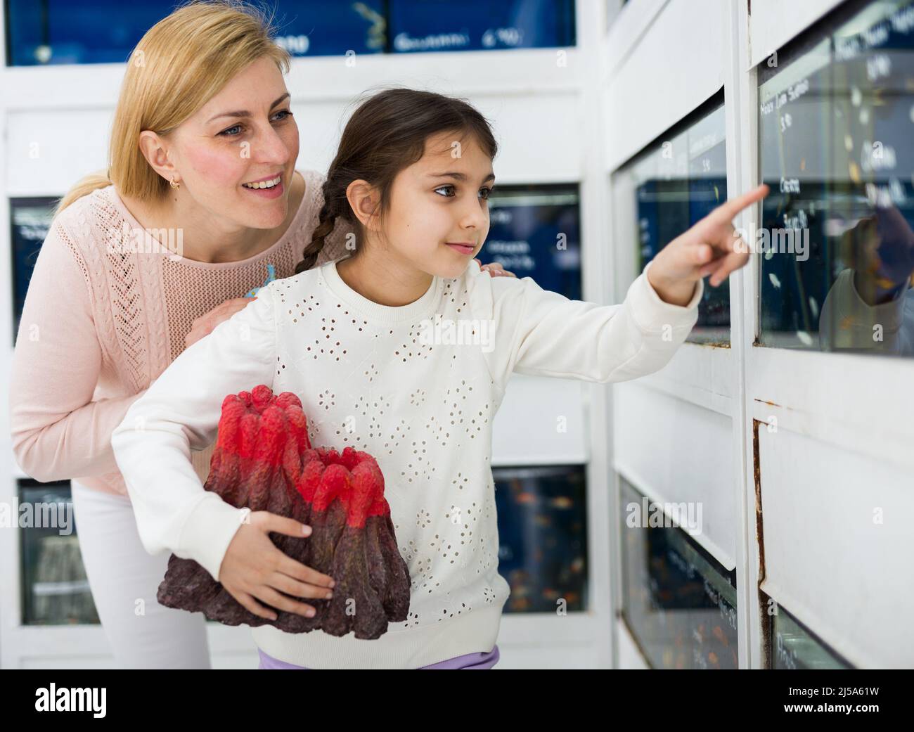 Cute girl with her mother customer buying tropical fish Stock Photo - Alamy