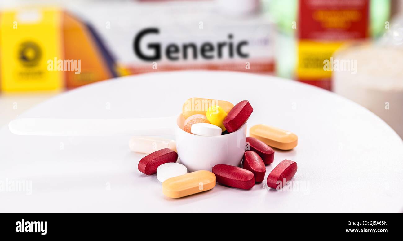 different pills and boxes of generic medicine, have the same ...