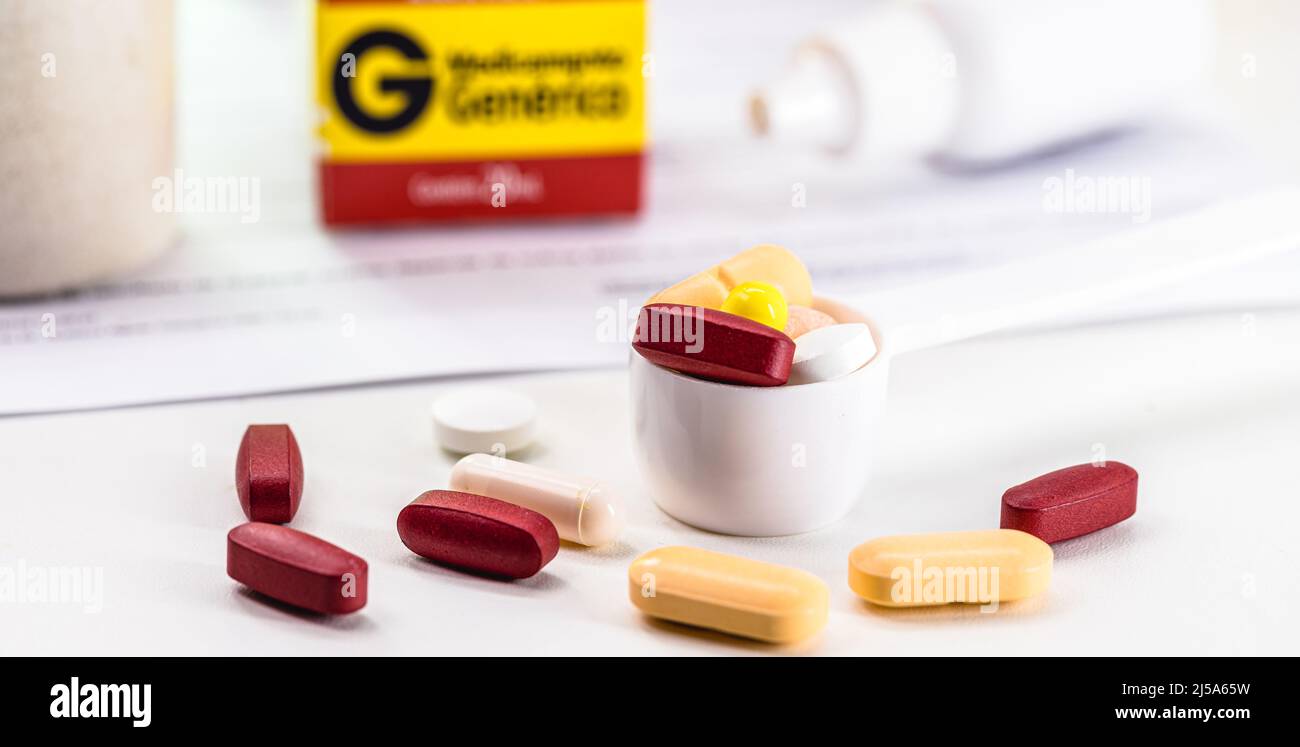generic medicine pills and capsules, has the same active ingredient as ...