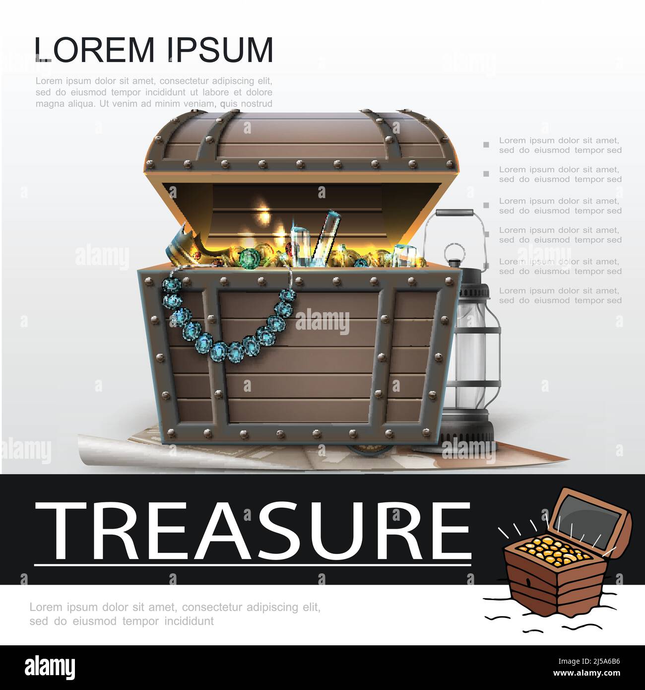 Realistic pirate treasures poster with lantern and chest full of jewels ...