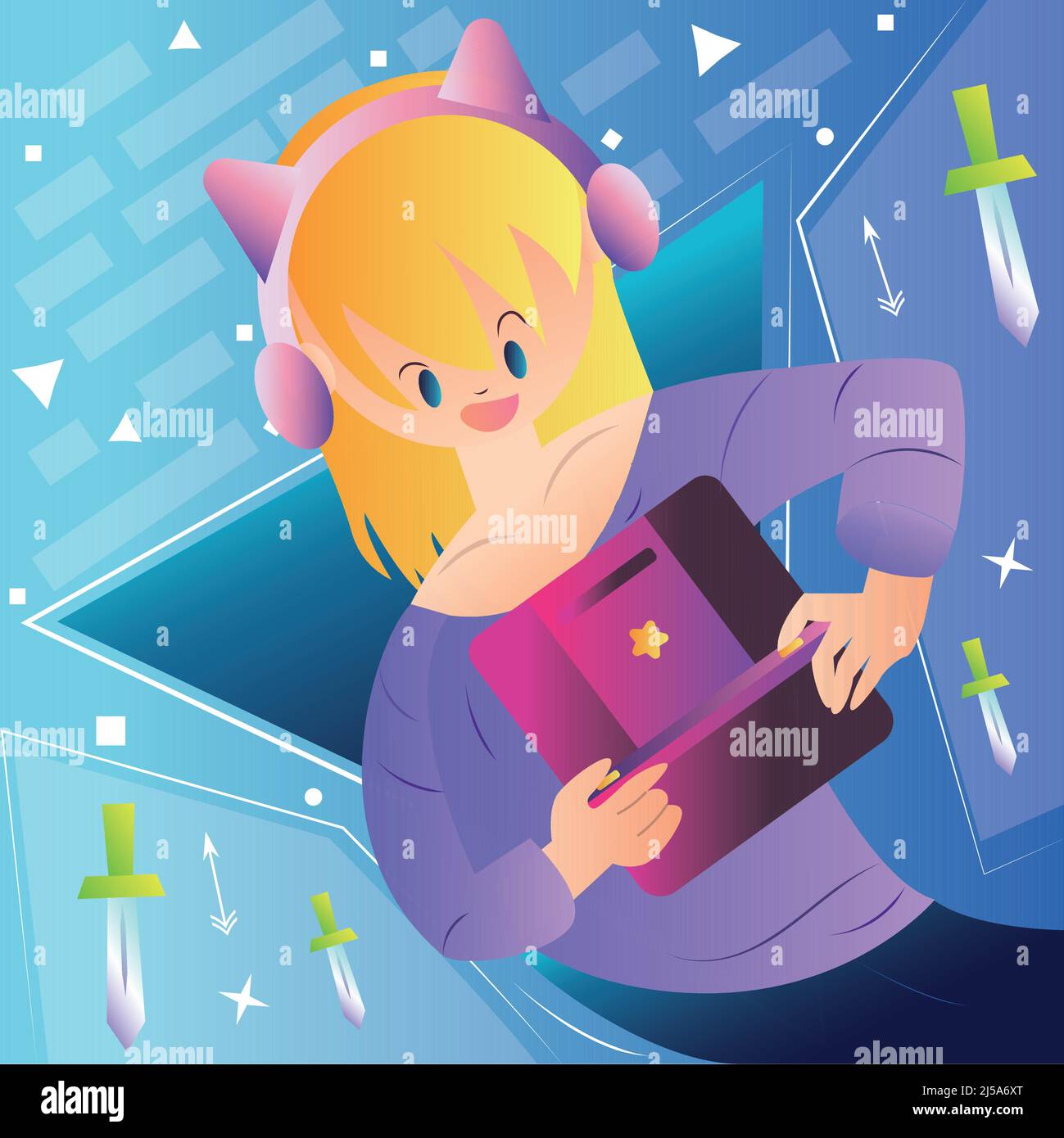 Happy retro girl cartoon playing on a mobile console Videogame Vector ...