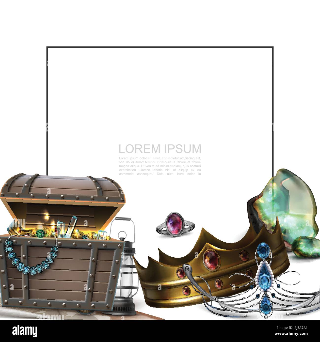 Realistic pirate treasures concept with frame for text crown diadem ...
