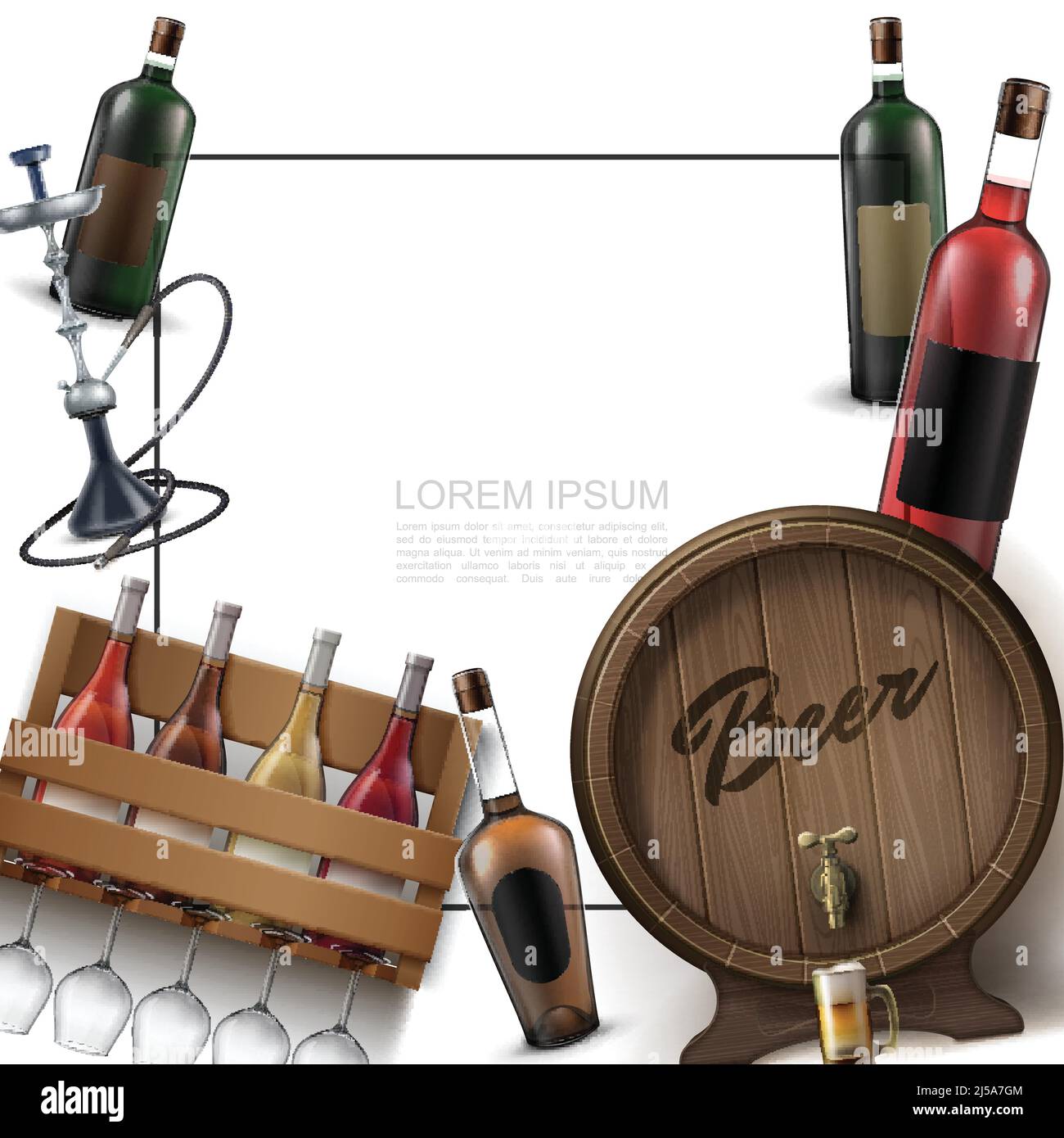 Realistic bar elements template with frame for text wine bottles ...