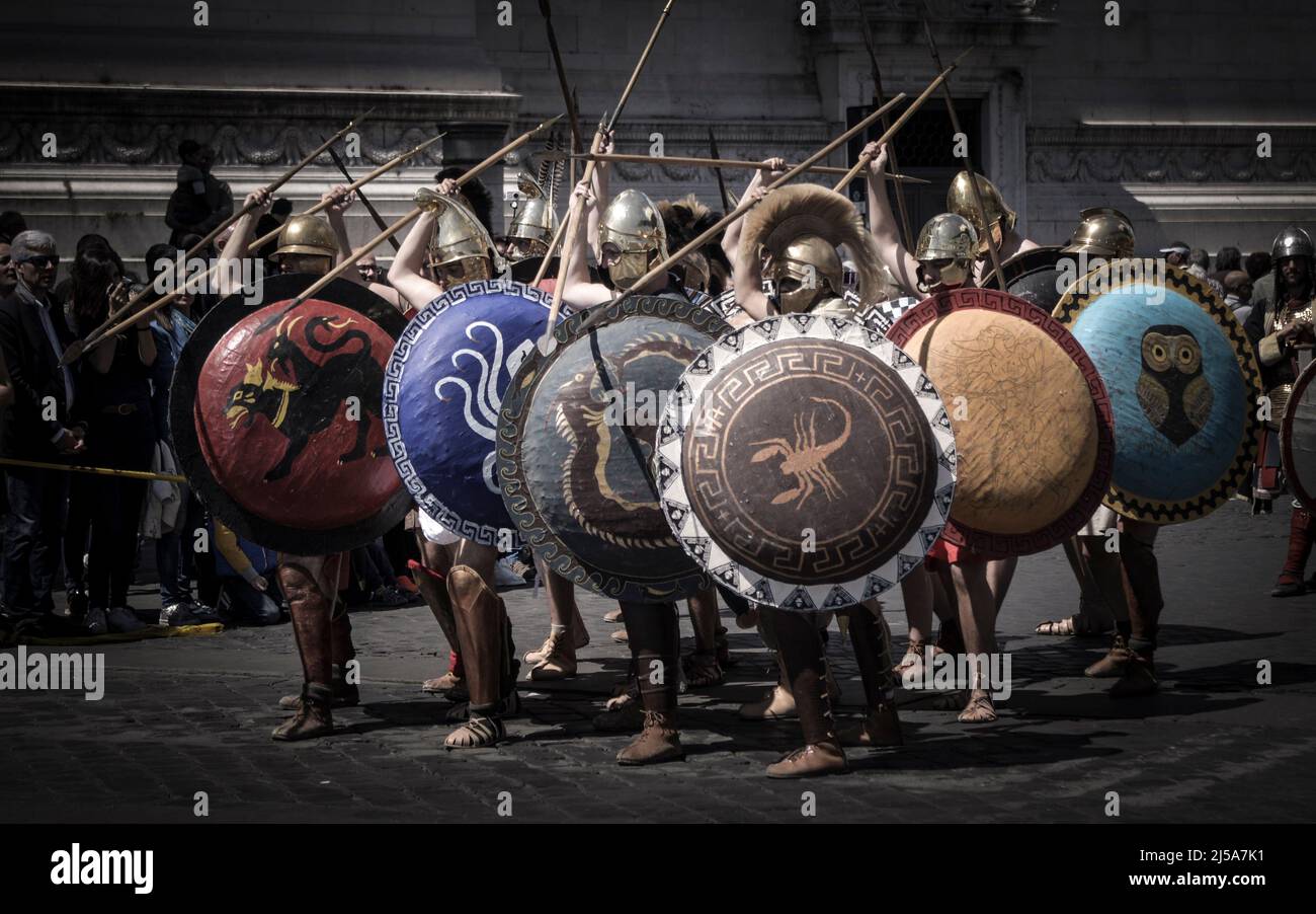 Greek soldiers portrait in a historical reenactment in april. People ...
