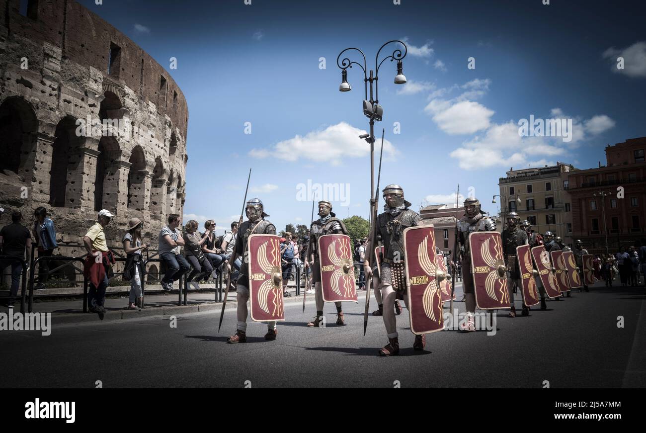 Roman soldiers in a historical reenactment in april. People performing ...
