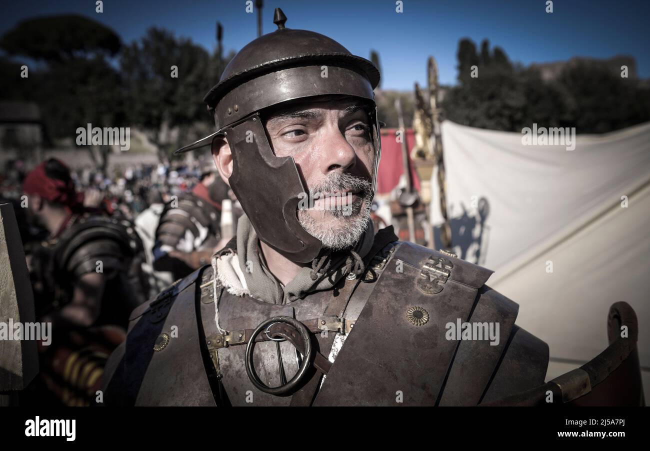 Roman soldiers portrait in a historical reenactment in april. People ...