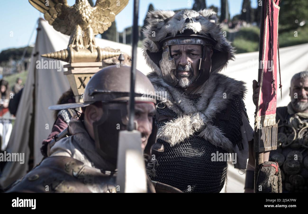 Roman soldiers portrait in a historical reenactment in april. People ...