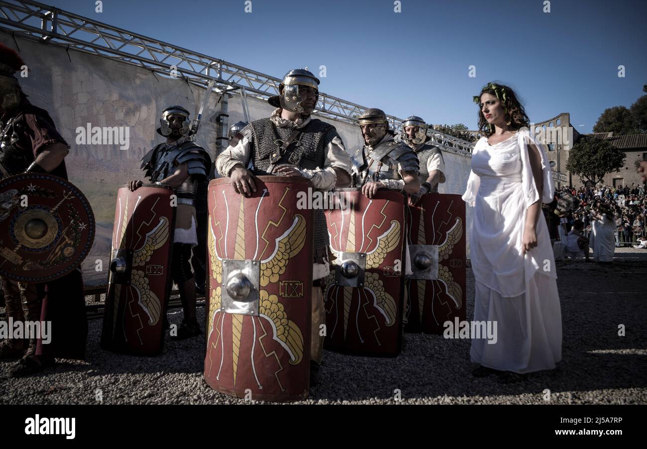 Roman soldiers in a historical reenactment in april. People performing ...