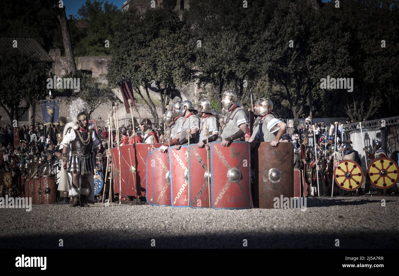Roman soldiers in a historical reenactment in april. People performing ...