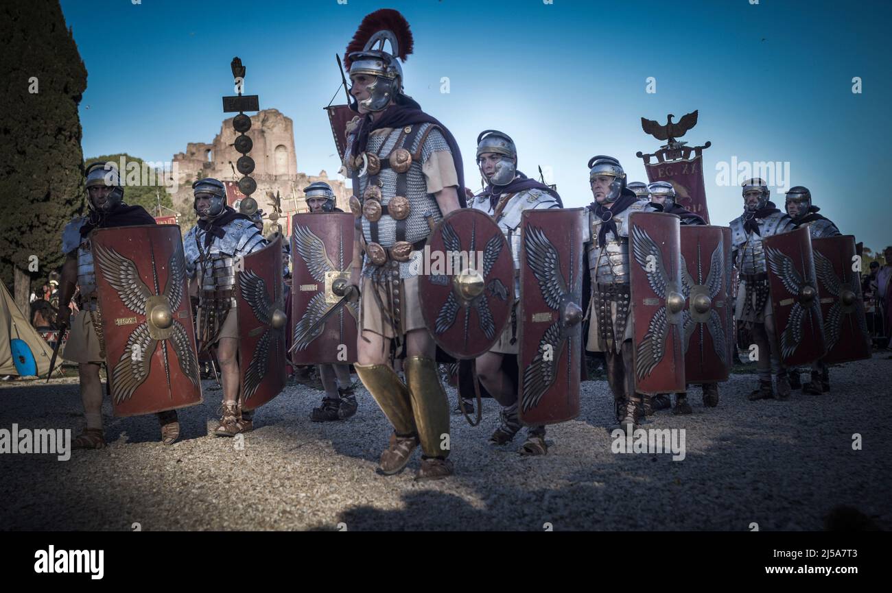 Roman soldiers in a historical reenactment in april. People performing ...