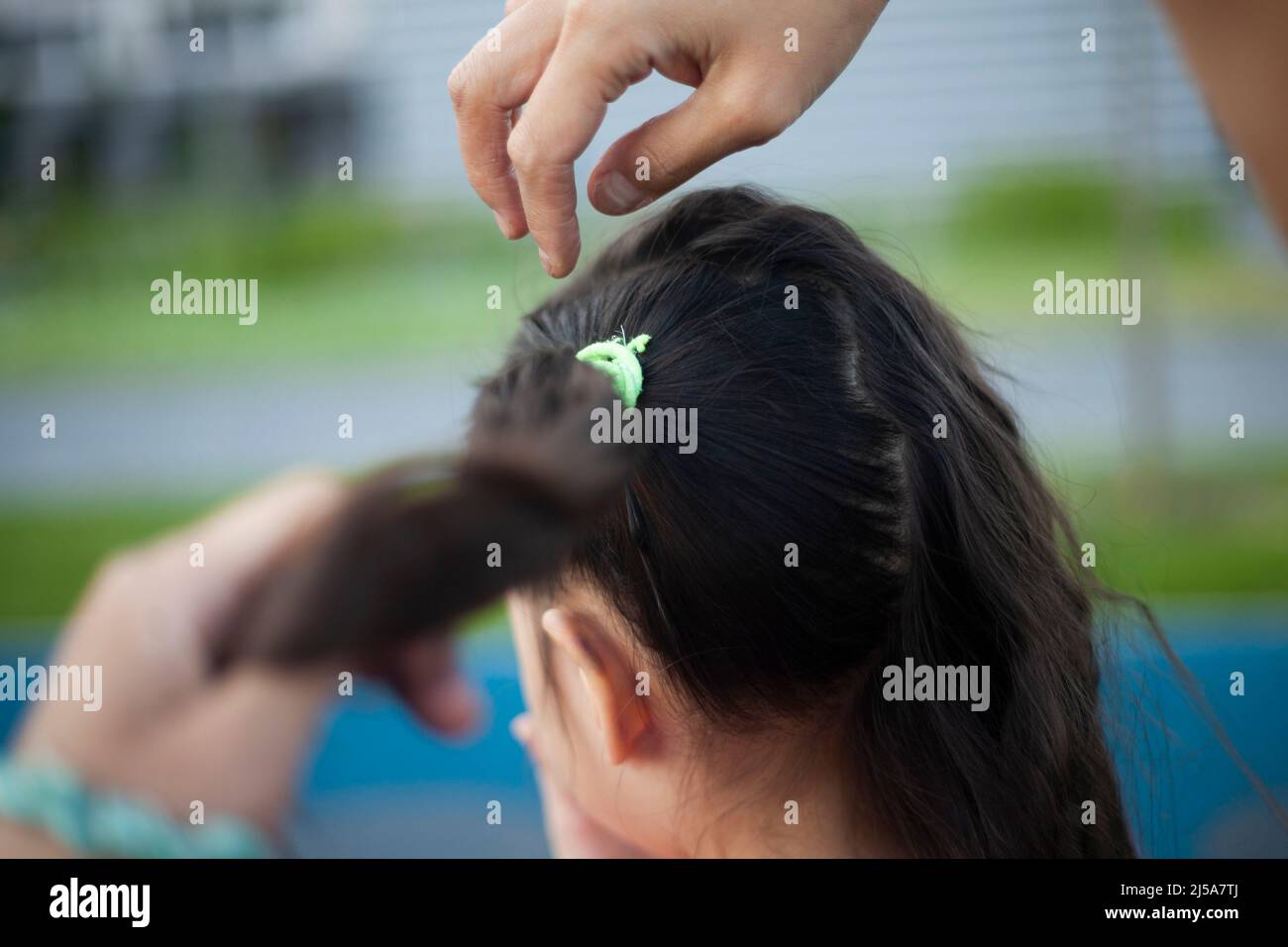 Mother makes ponytail out of her daughter's hair. Creating hairstyle ...