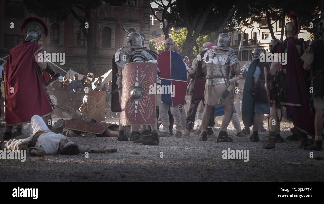 Roman soldiers in a historical reenactment in april. People performing ...