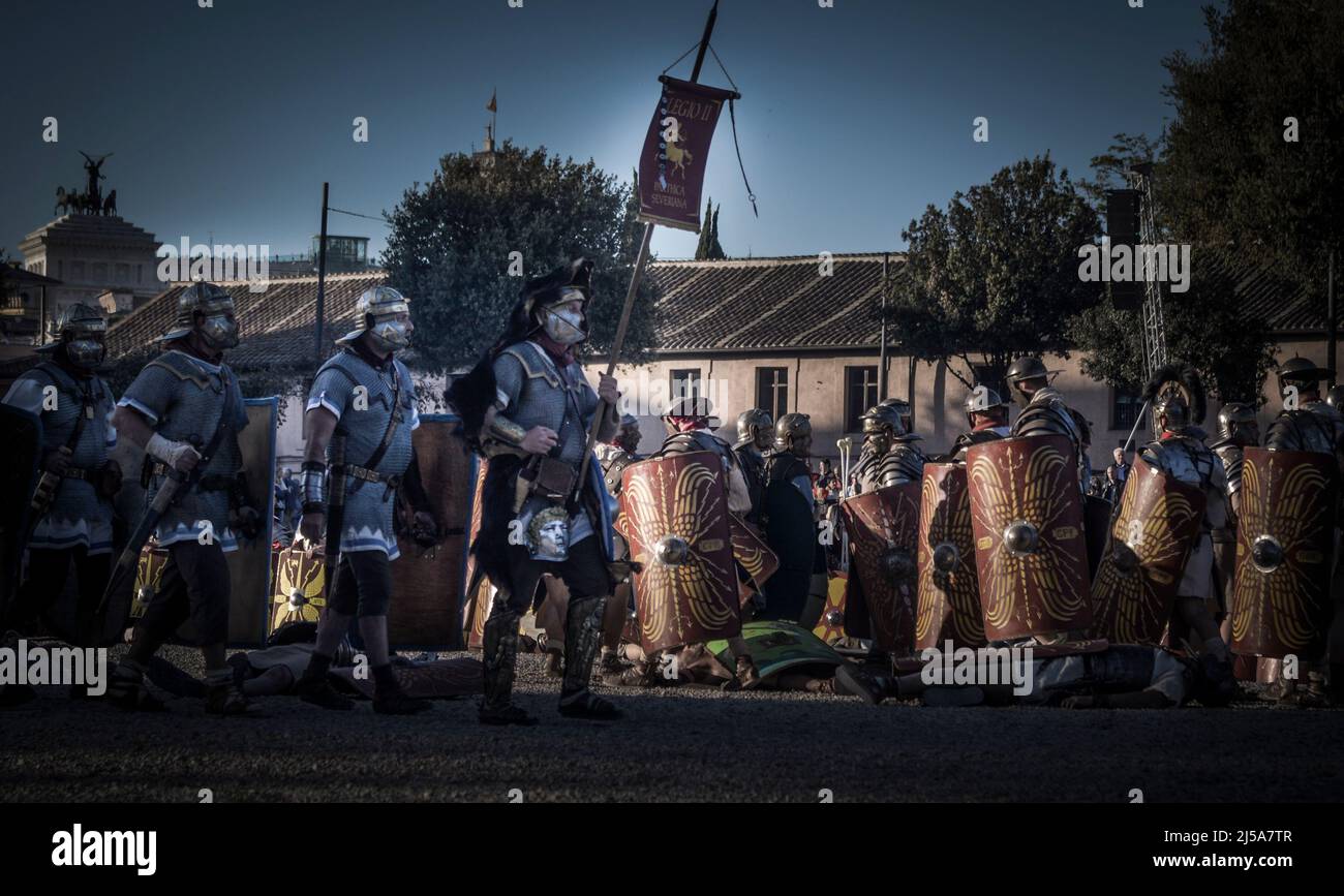 Roman soldiers in a historical reenactment in april. People performing ...