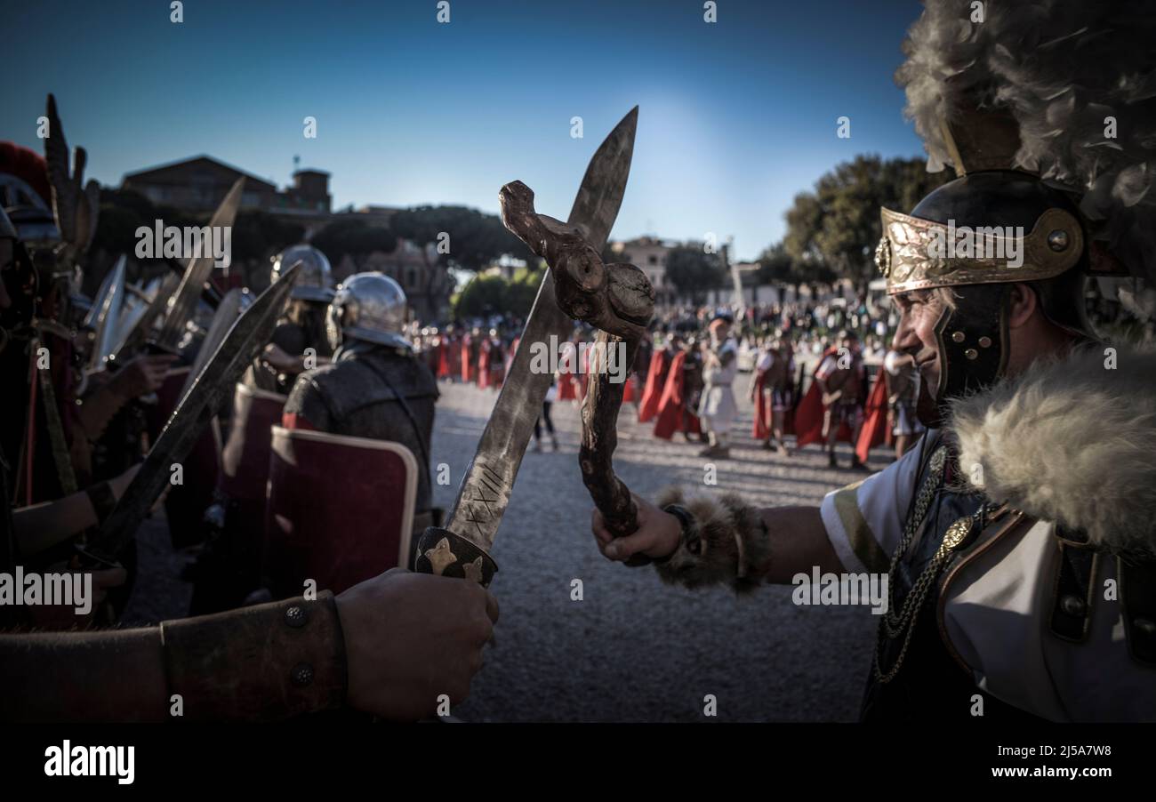 Roman soldiers in a historical reenactment in april. People performing ...
