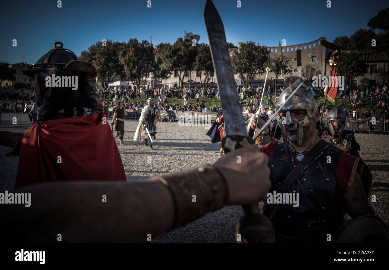 Roman soldiers in a historical reenactment in april. People performing ...