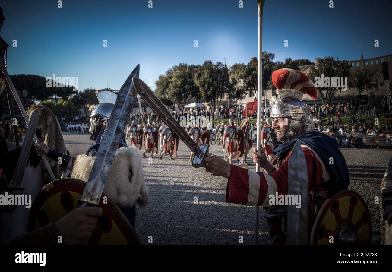 Roman soldiers in a historical reenactment in april. People performing ...