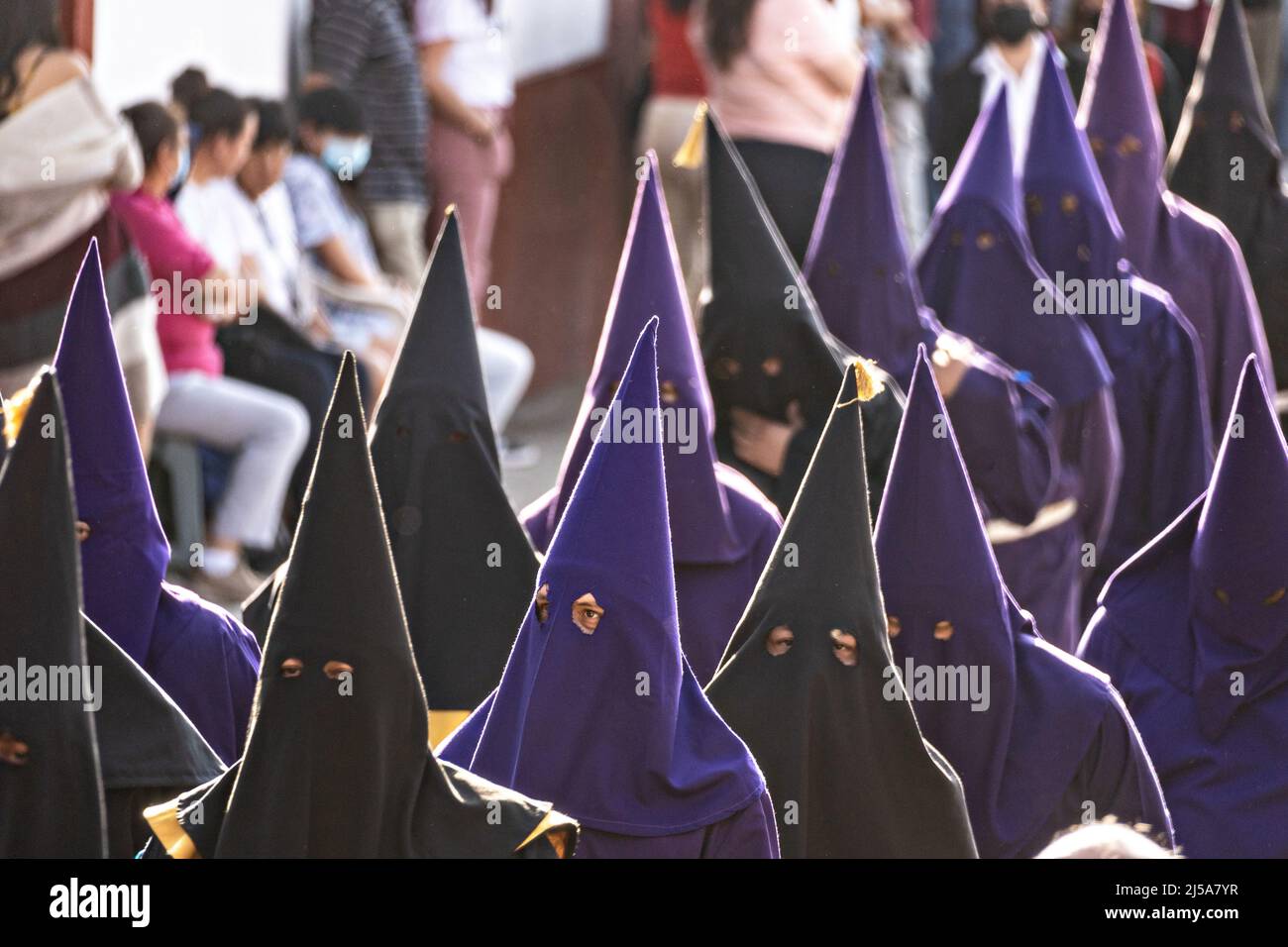 Roman Catholic hooded penitents wearing traditional capirotes, hold a ...