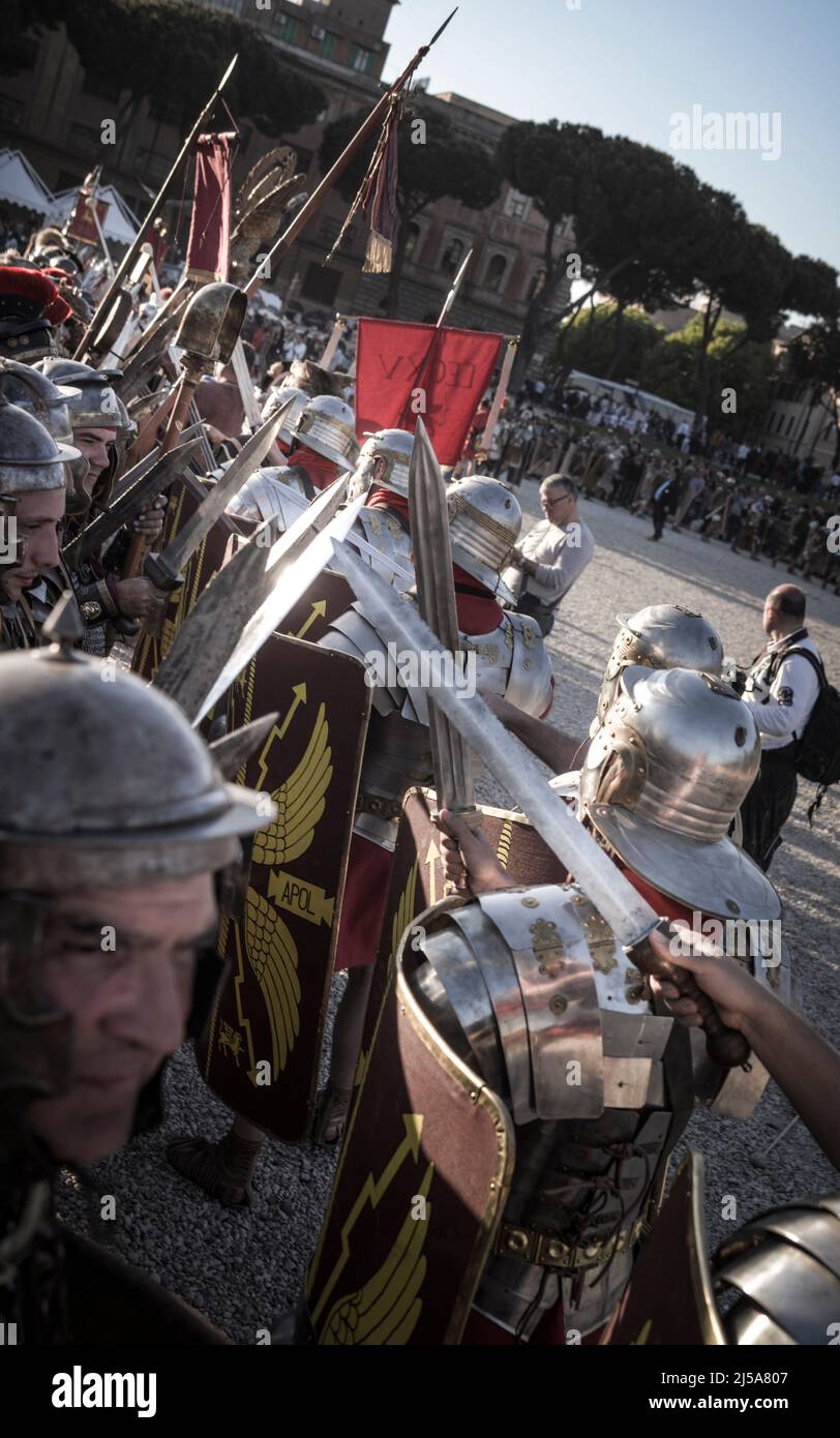Roman soldiers in a historical reenactment in april. People performing ...