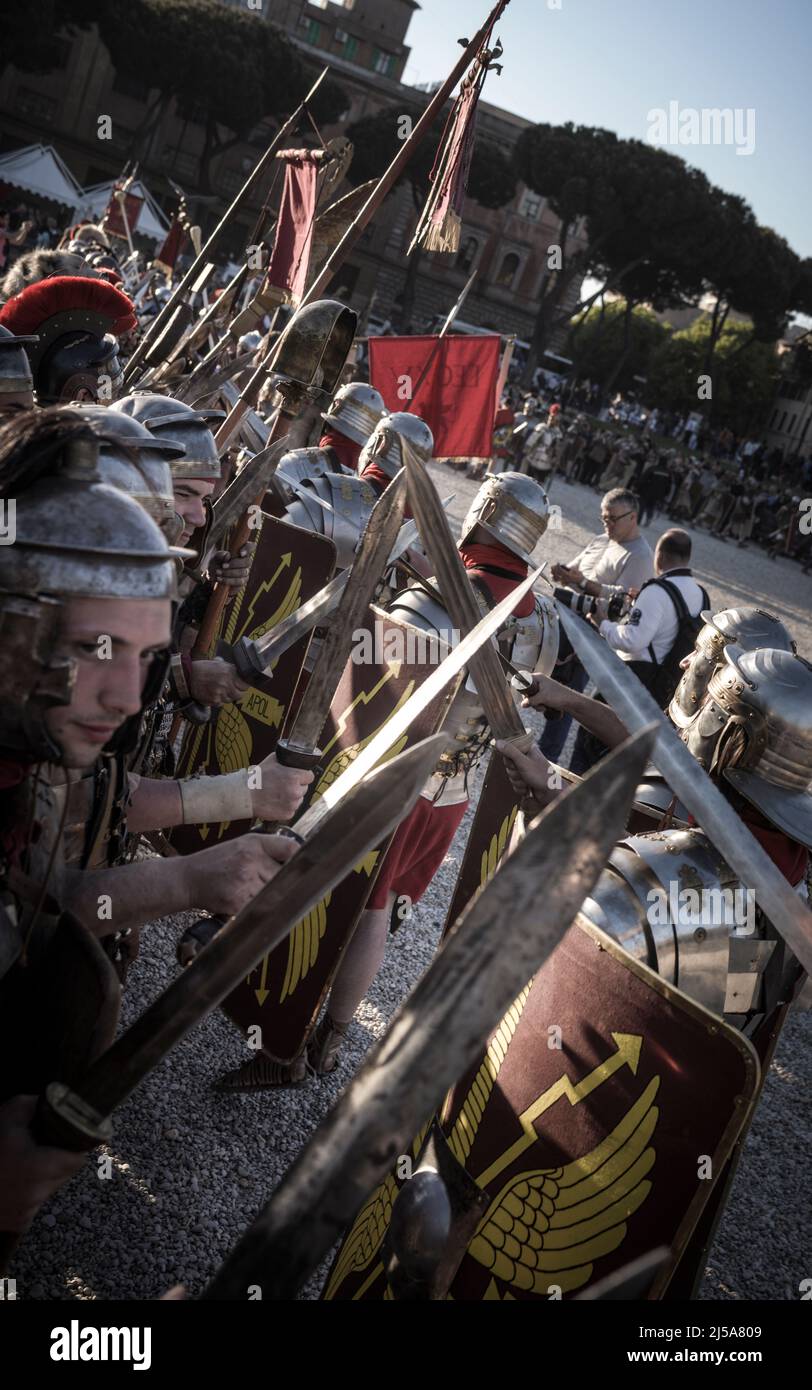 Roman soldiers in a historical reenactment in april. People performing ...