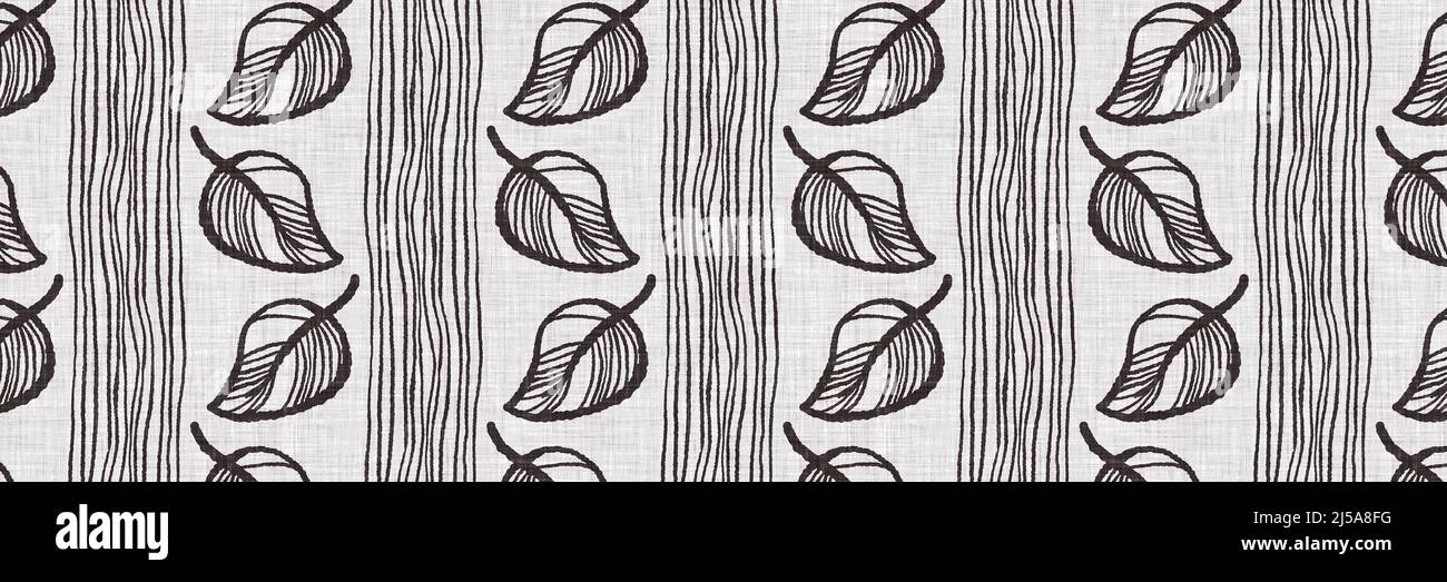 French grey botanical leaf linen border pattern with 2 tone country ...