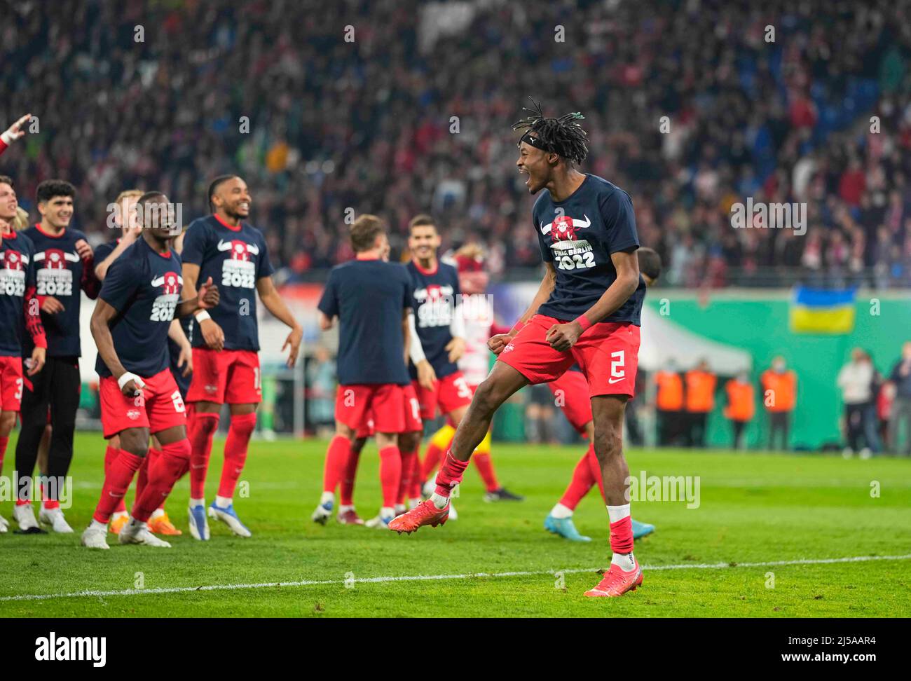 April 20, 2022: Mohamed Simakan of RB Leipzig celebrates the victory ...