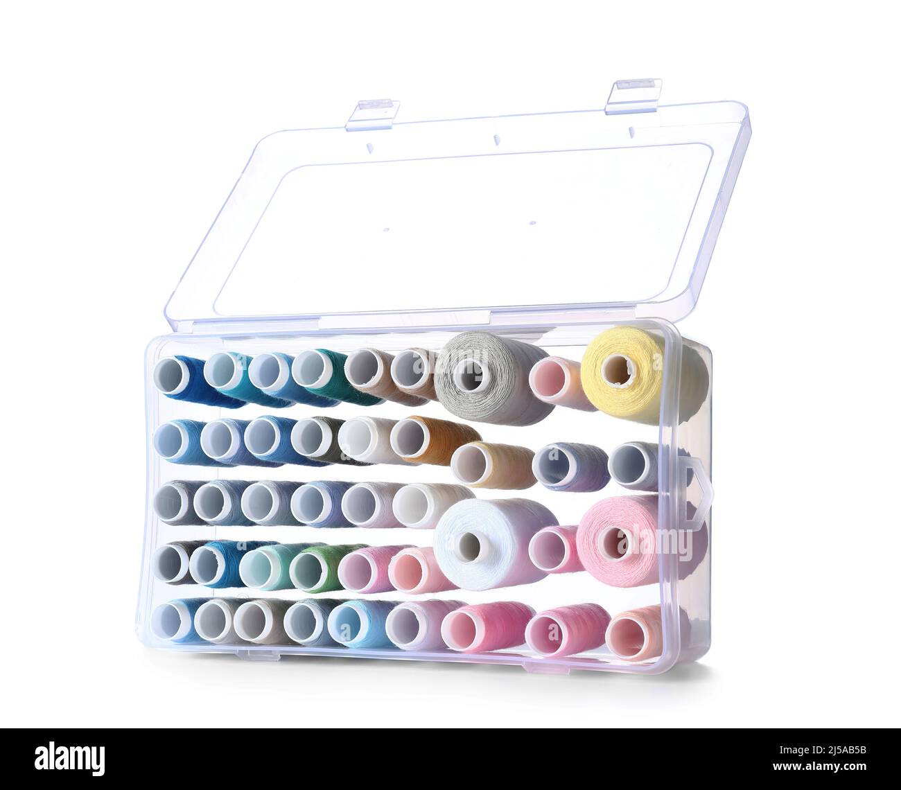 Plastic box with sewing threads on white background Stock Photo - Alamy