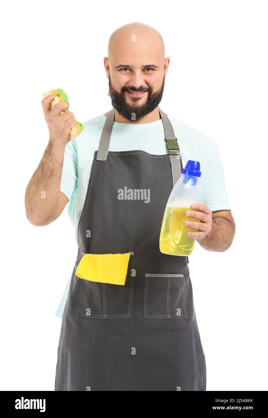 Bald man with cleaning supplies isolated on white Stock Photo - Alamy