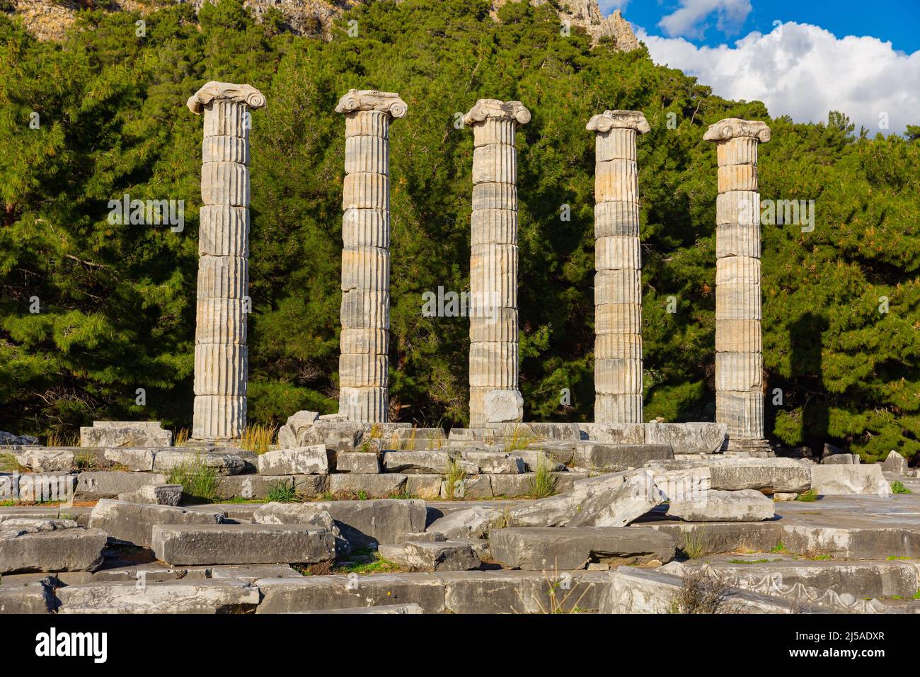 Columns on ruins of ancient Temple of Athena in Priene, Turkey Stock ...
