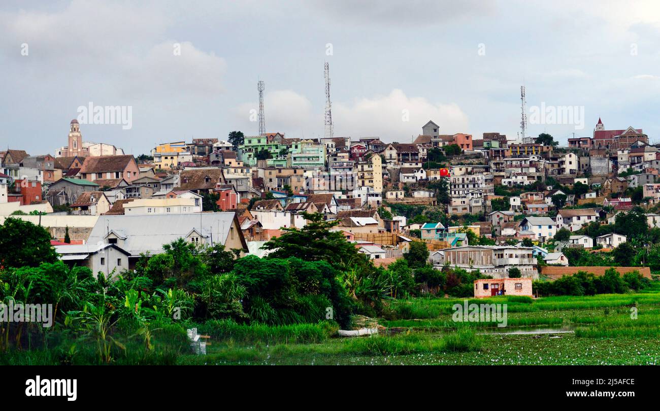 View of a neighborhood in the outskirts of Antananarivo, Madagascar ...