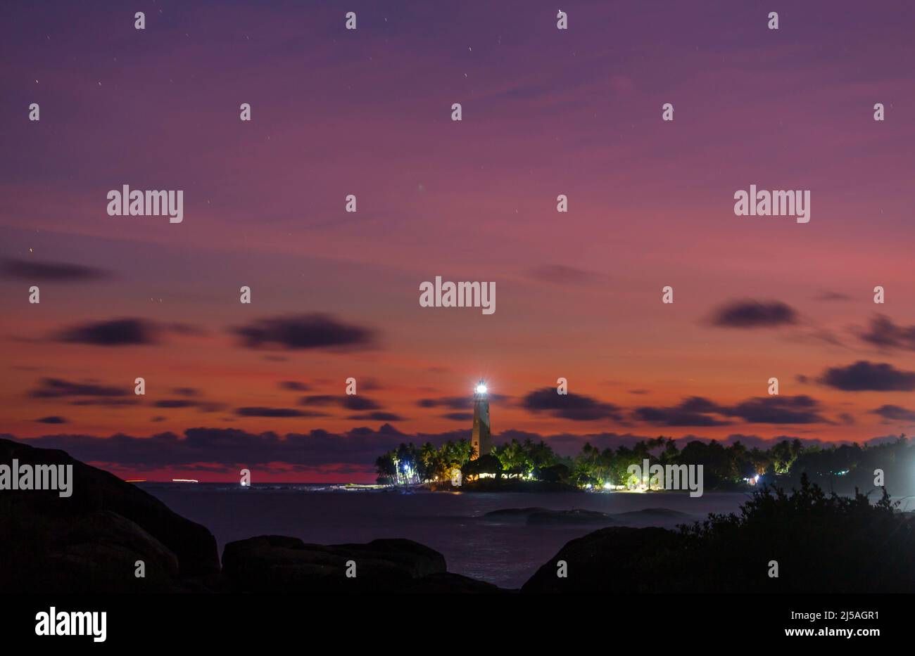 View of lighthouse Dondra and lights at sunset Matara, Sri Lanka Stock ...