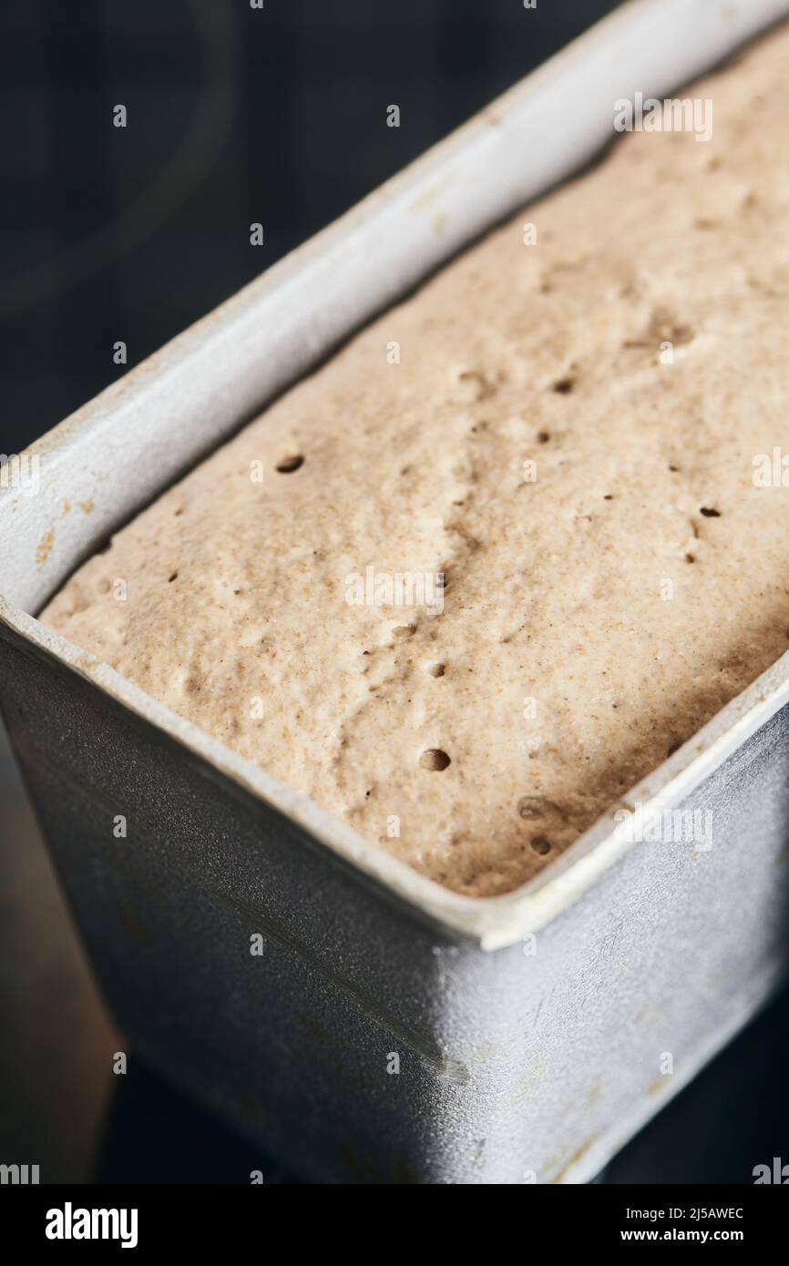 The process of making rye bread. The dough on the rye bread is laid out ...