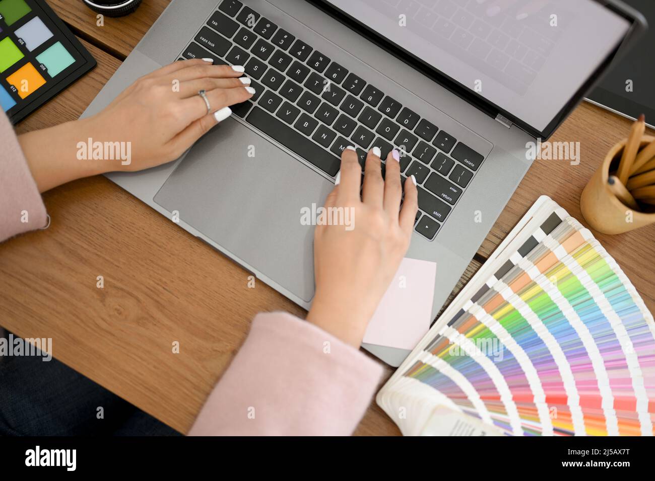 Top view, Modern graphic designer office desk workspace concept, Female ...