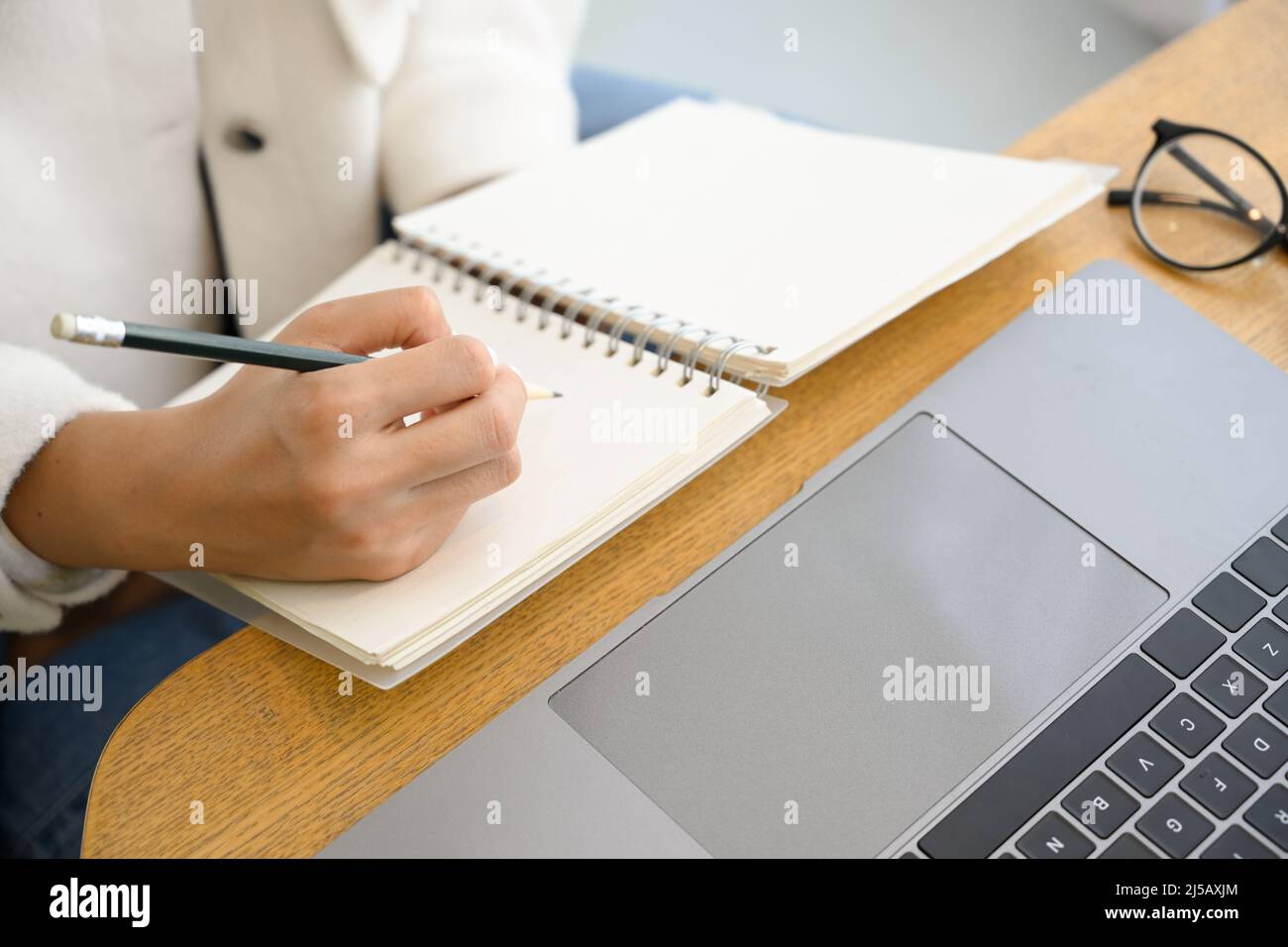 Cropped image, Female college student learning study on online via ...