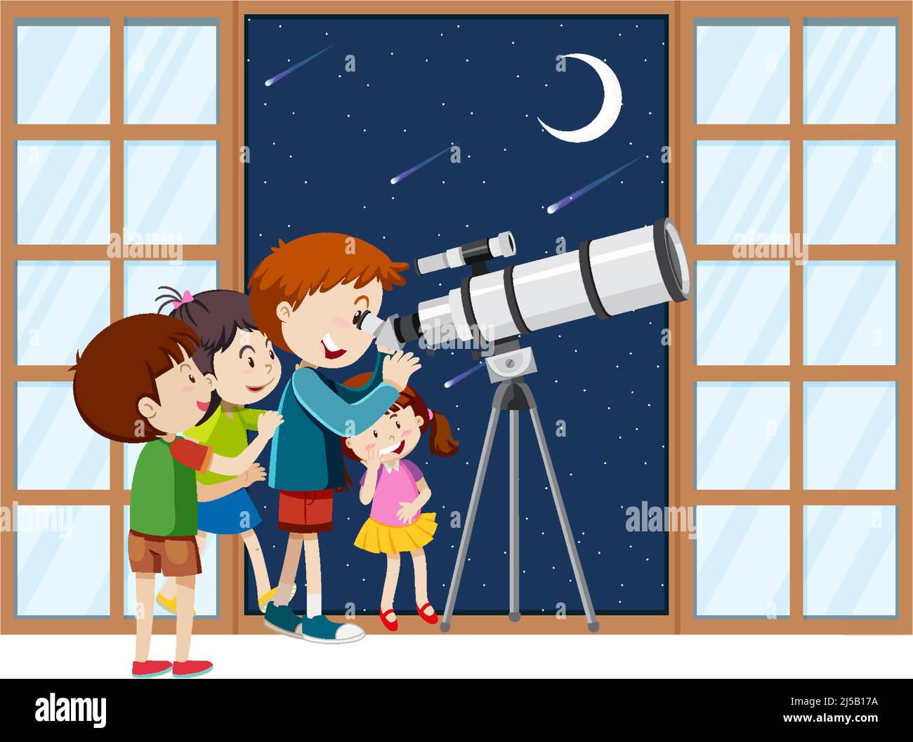 Kids observe night sky with telescope illustration Stock Vector Image ...