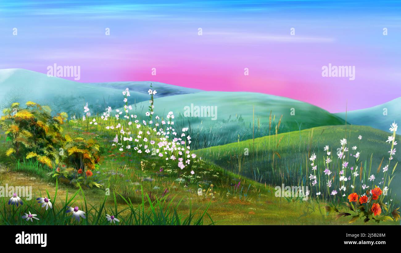 Hilly landscape with wild flowers at dawn. Digital Painting Background ...