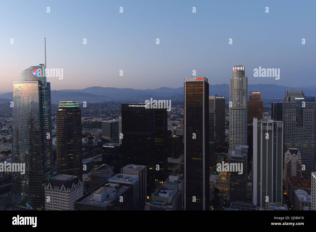 An aerial view of the Los Angeles skyline, including the Wilshire Grand ...