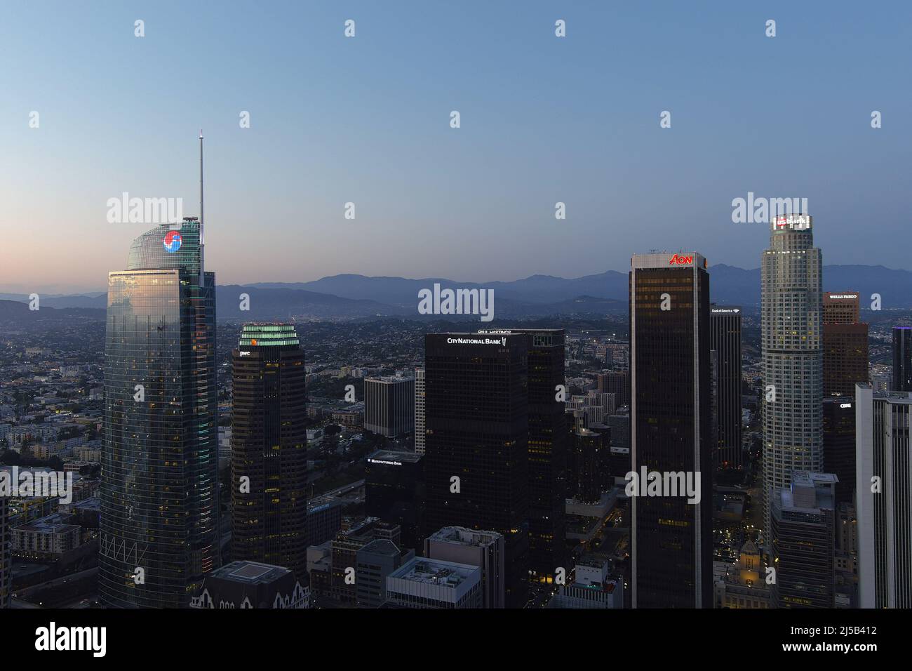 An aerial view of the Los Angeles skyline, including the Wilshire Grand ...
