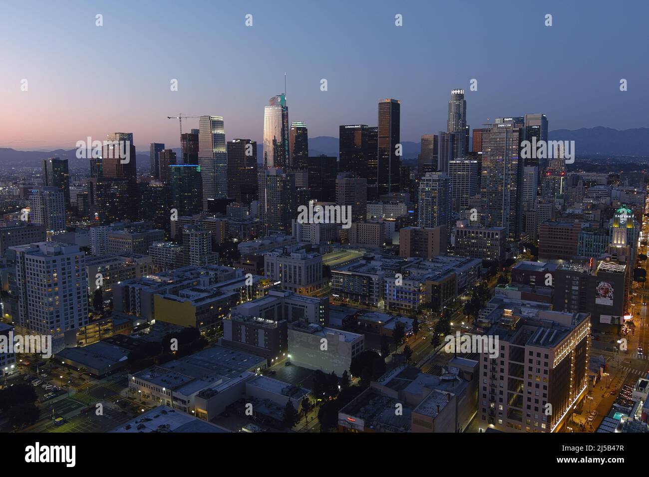 An aerial view of the Los Angeles skyline, including the Wilshire Grand ...