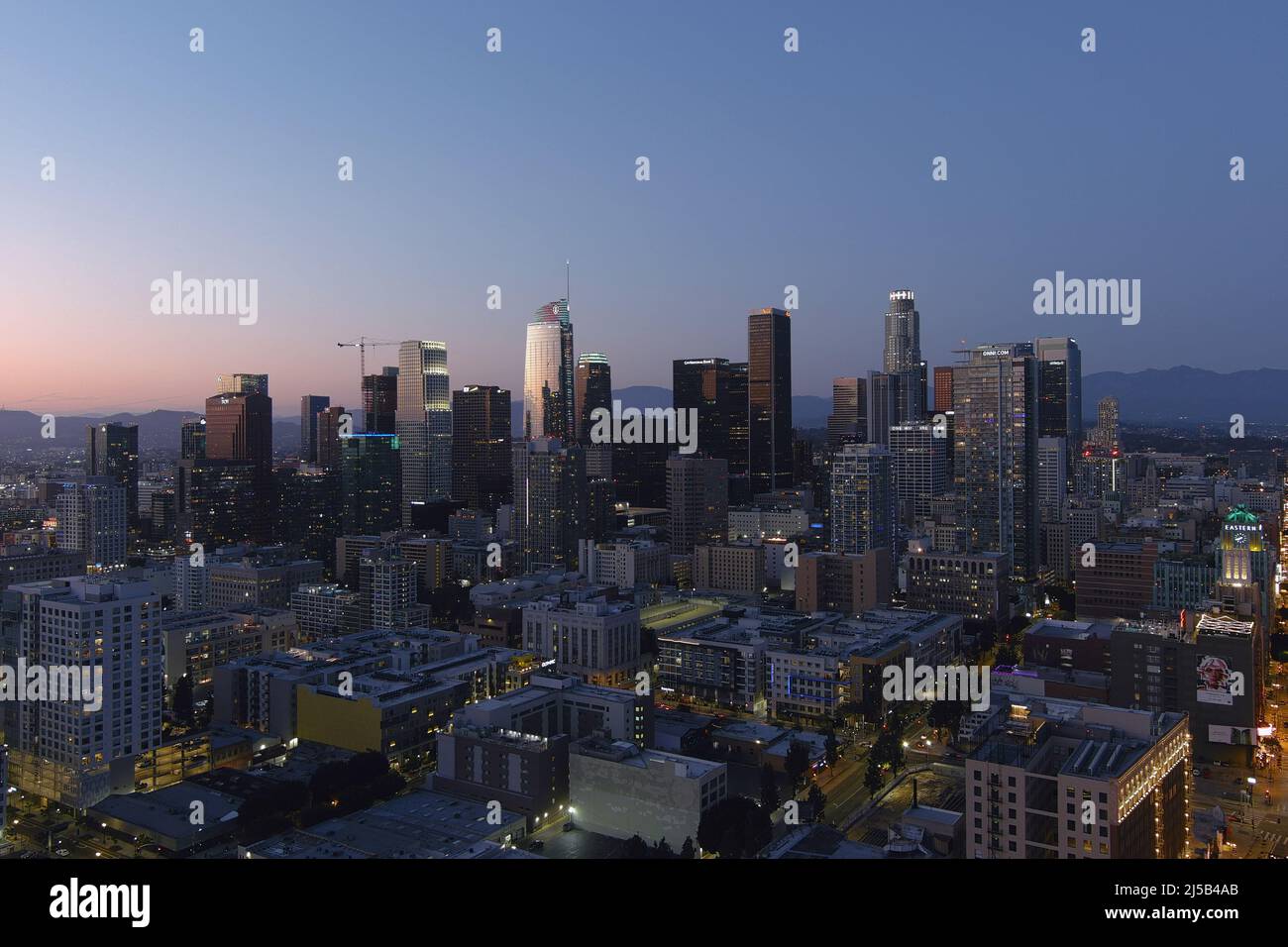An aerial view of the Los Angeles skyline, including the Wilshire Grand ...