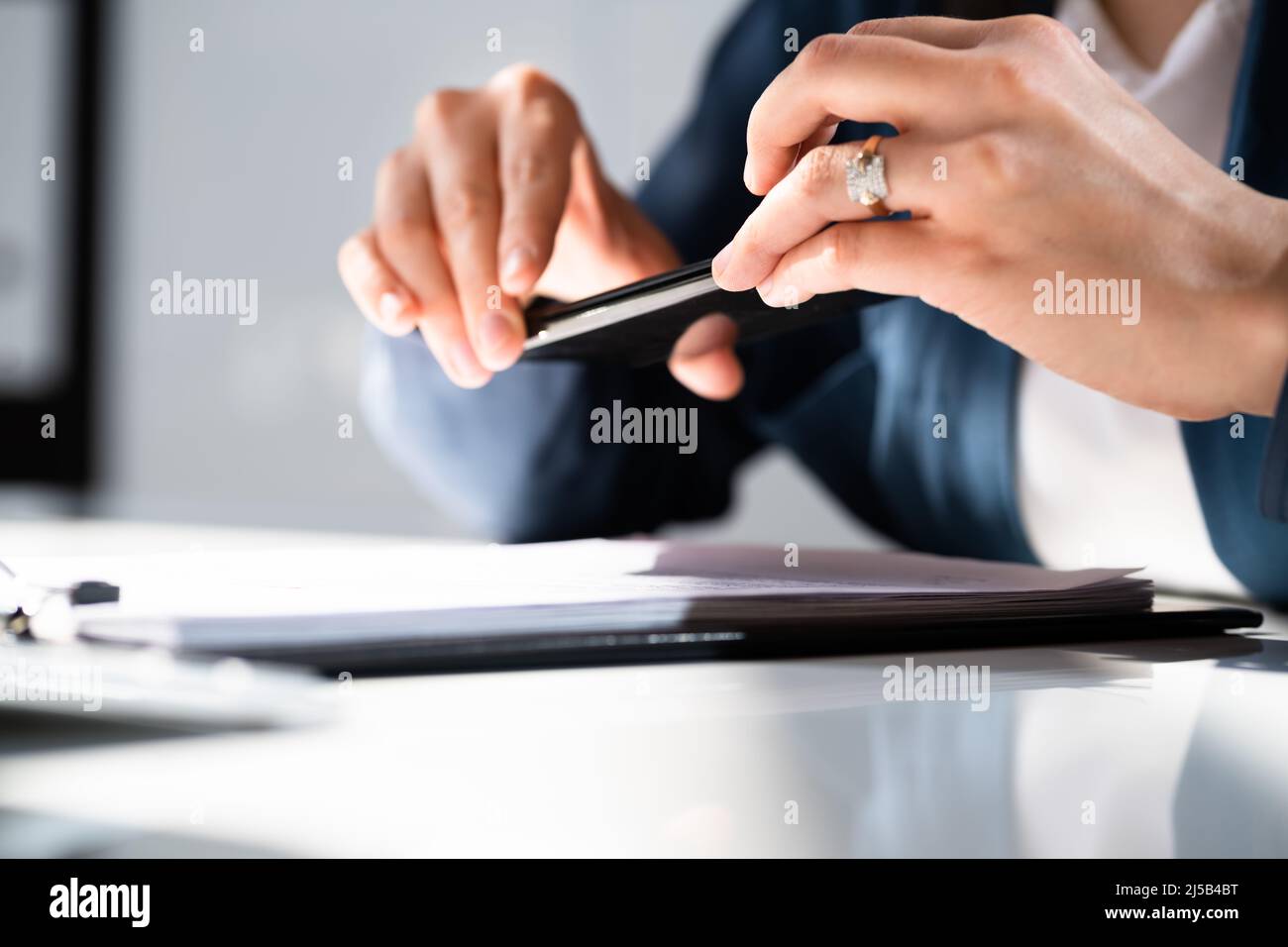 Remote Payroll Cheque Deposit Taking Picture Using Phone Stock Photo ...