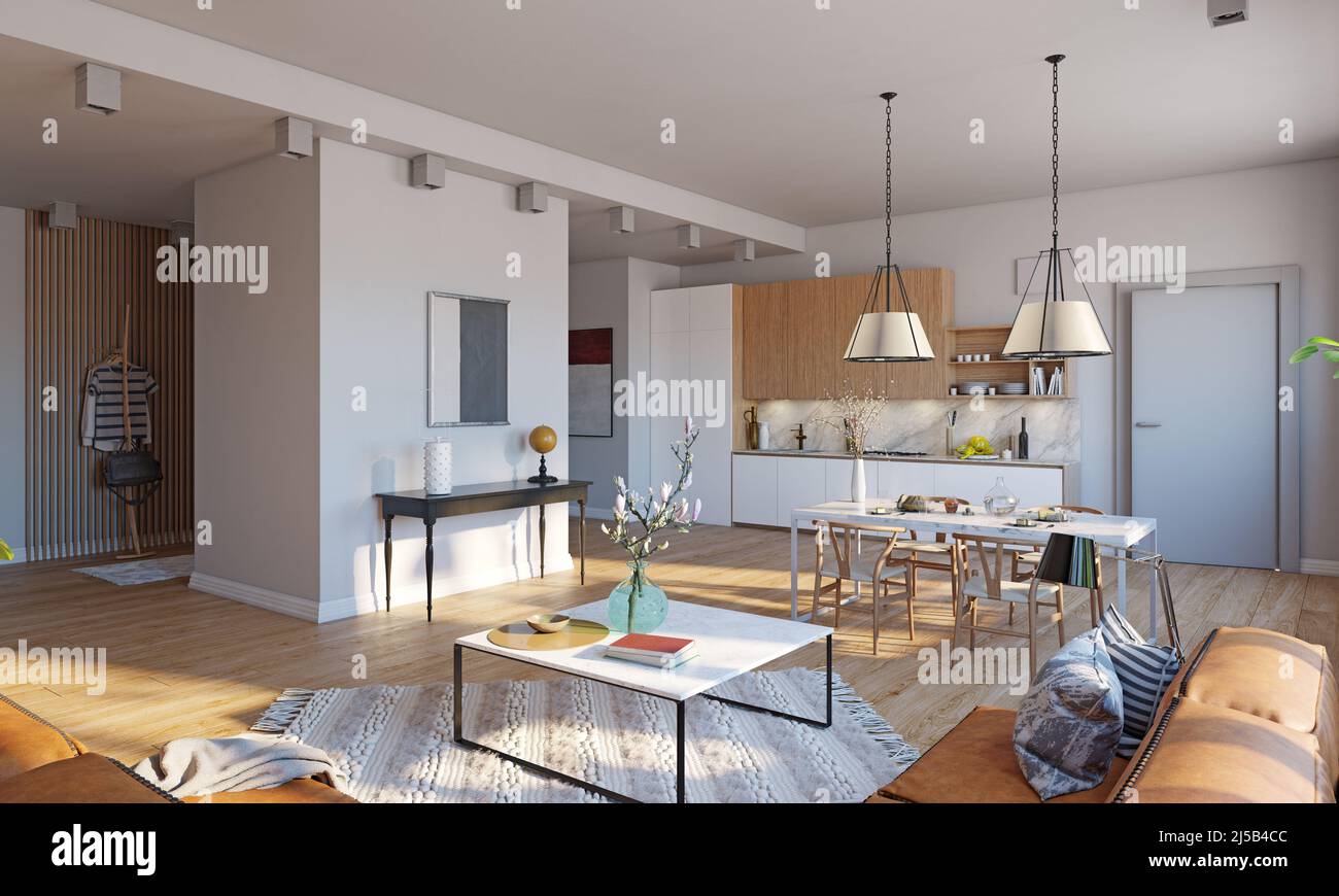 modern kitchen interior. 3d rendering design Stock Photo - Alamy