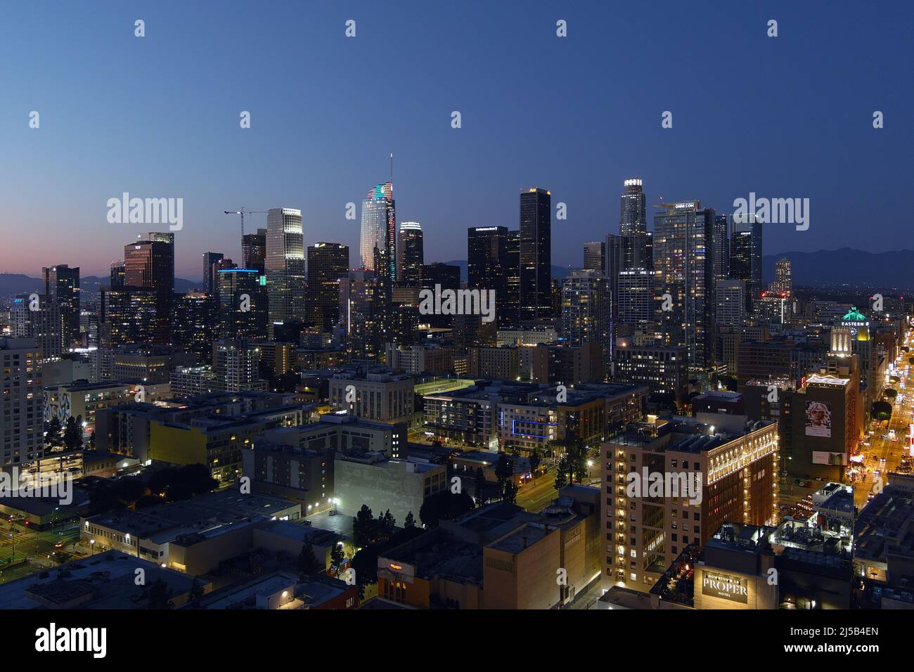 An aerial view of the Los Angeles skyline, including the Wilshire Grand ...
