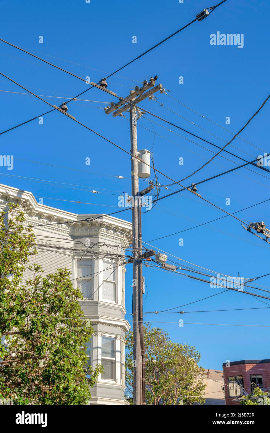 Cables and power lines above an intersection used to power the public ...