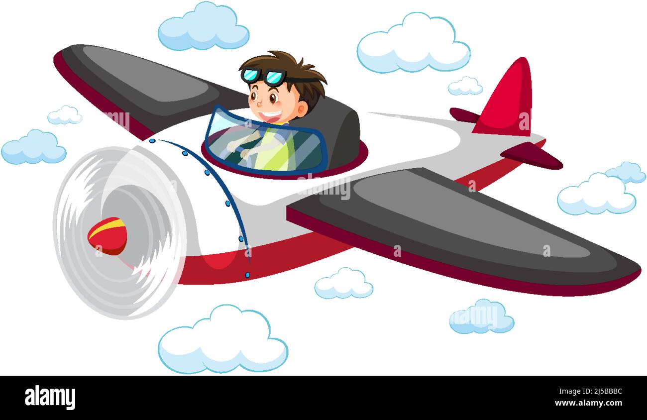Boy flying cute airplane in the sky illustration Stock Vector Image ...