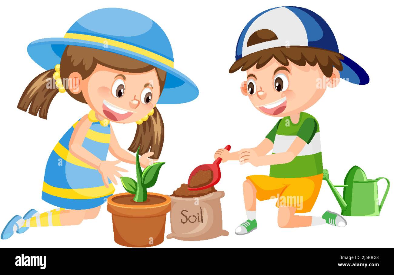 Boy and girl cartoon gardening on white background illustration Stock ...