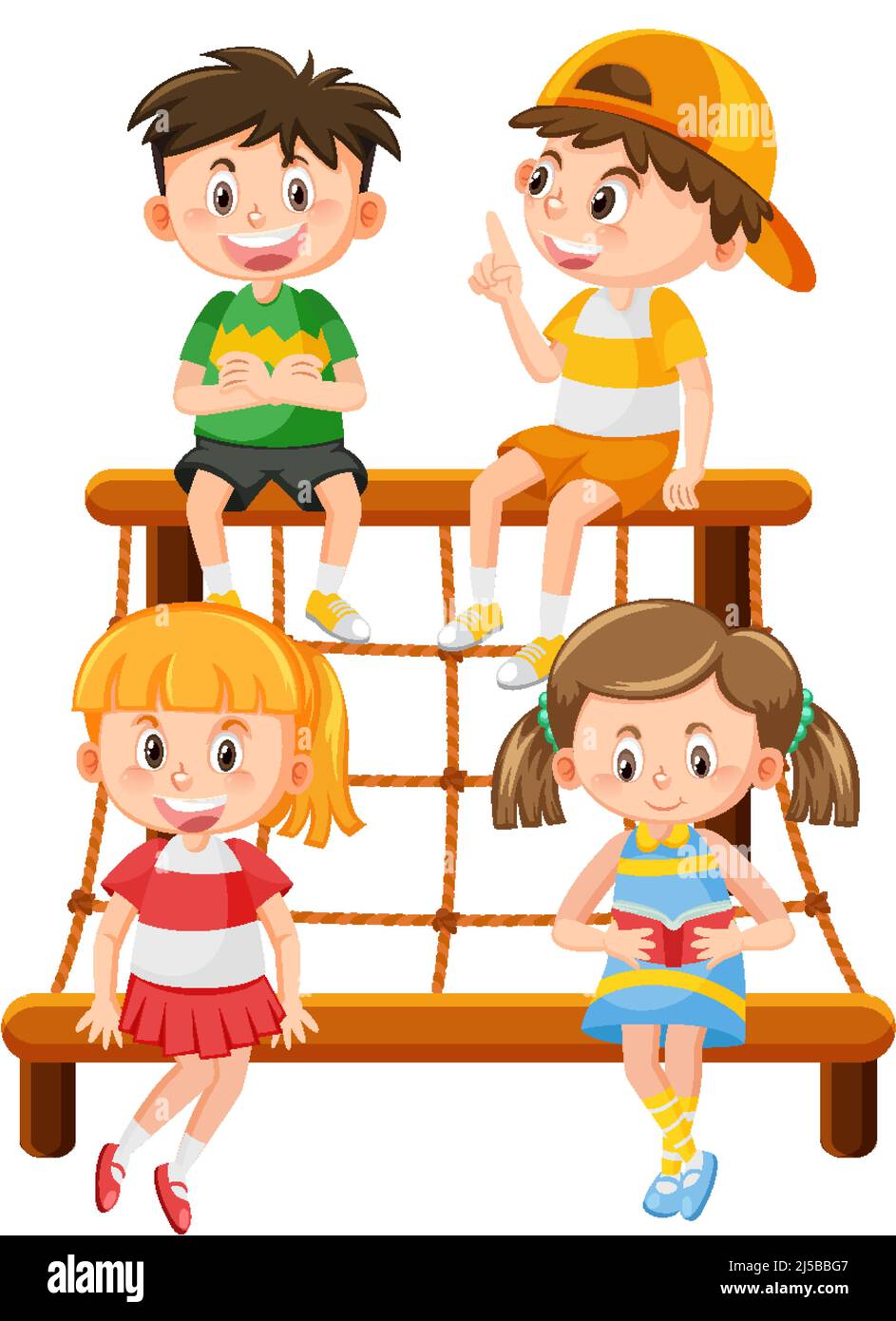 Student sitting on climbing rope wall net playground illustration Stock ...