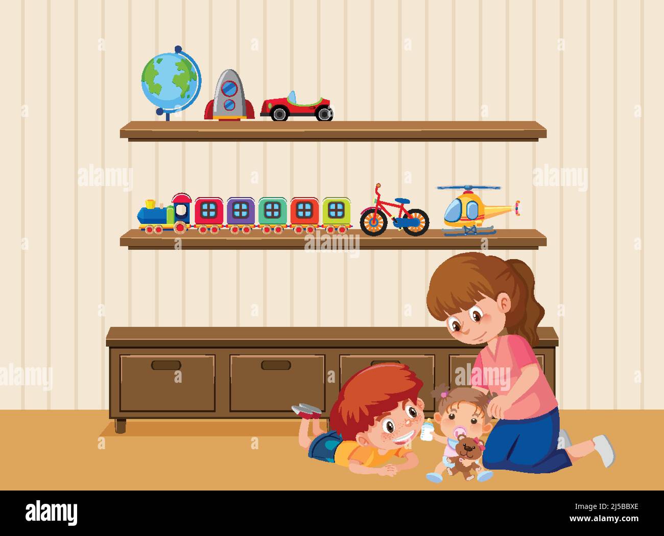 Living room scene with children cartoon character illustration Stock ...