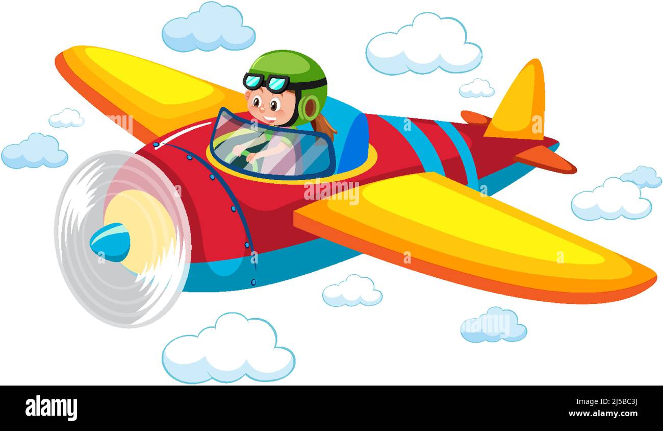 Girl flying cute airplane in the sky illustration Stock Vector Image ...