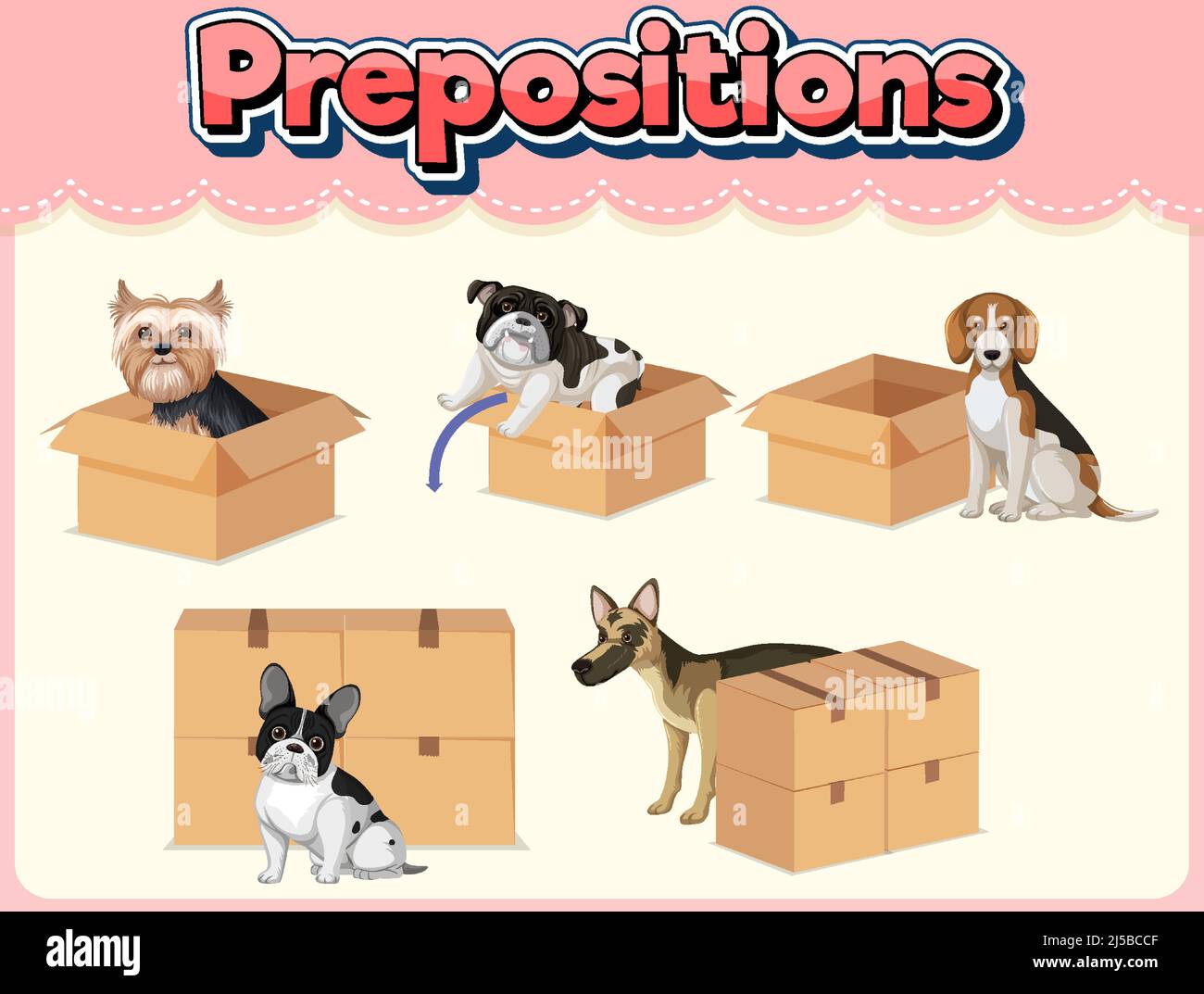 Preposition wordcard with dogs and boxes illustration Stock Vector ...